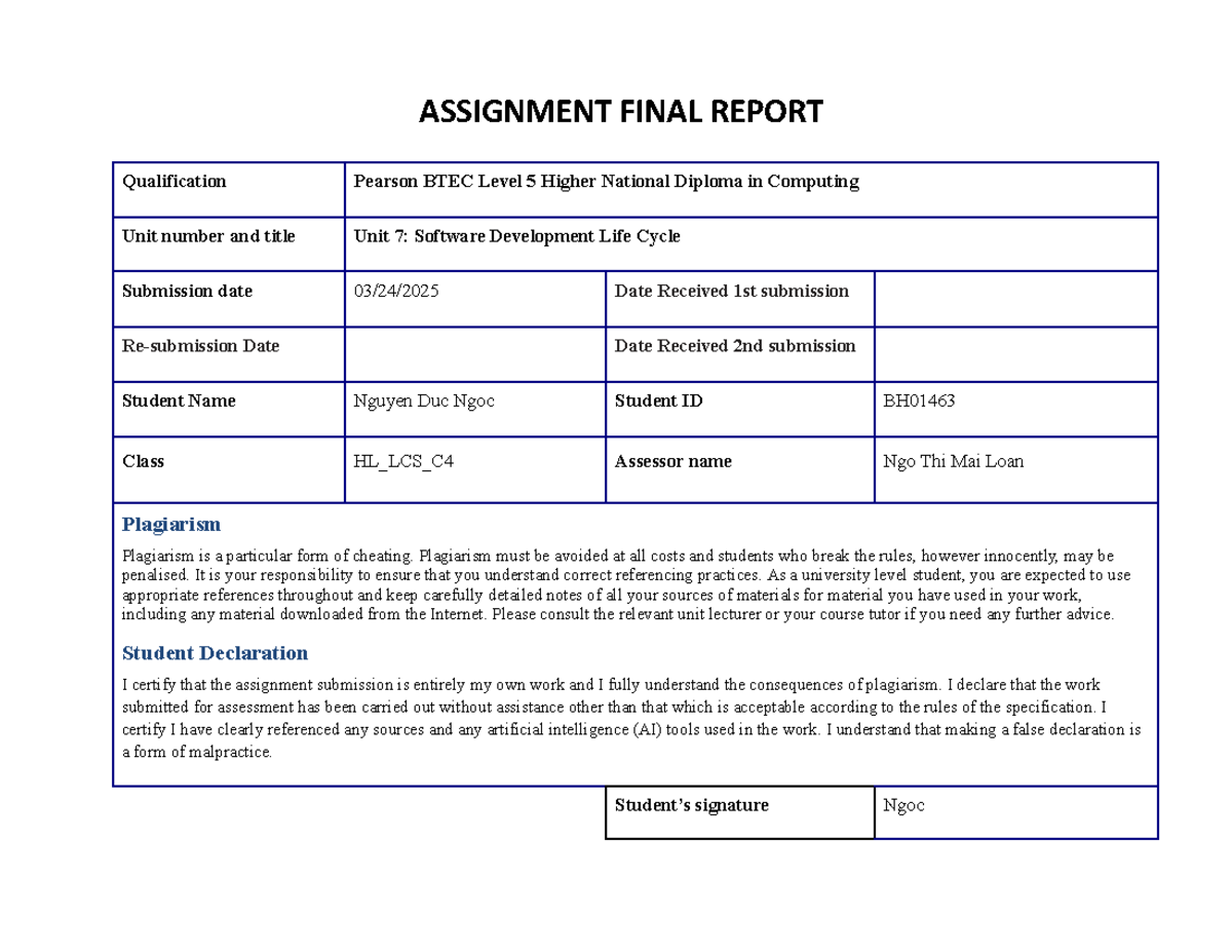 ASM PART1 SDLC BH01463 Nguyenducngoc - ASSIGNMENT FINAL REPORT Qualification Pearson BTEC Level ...