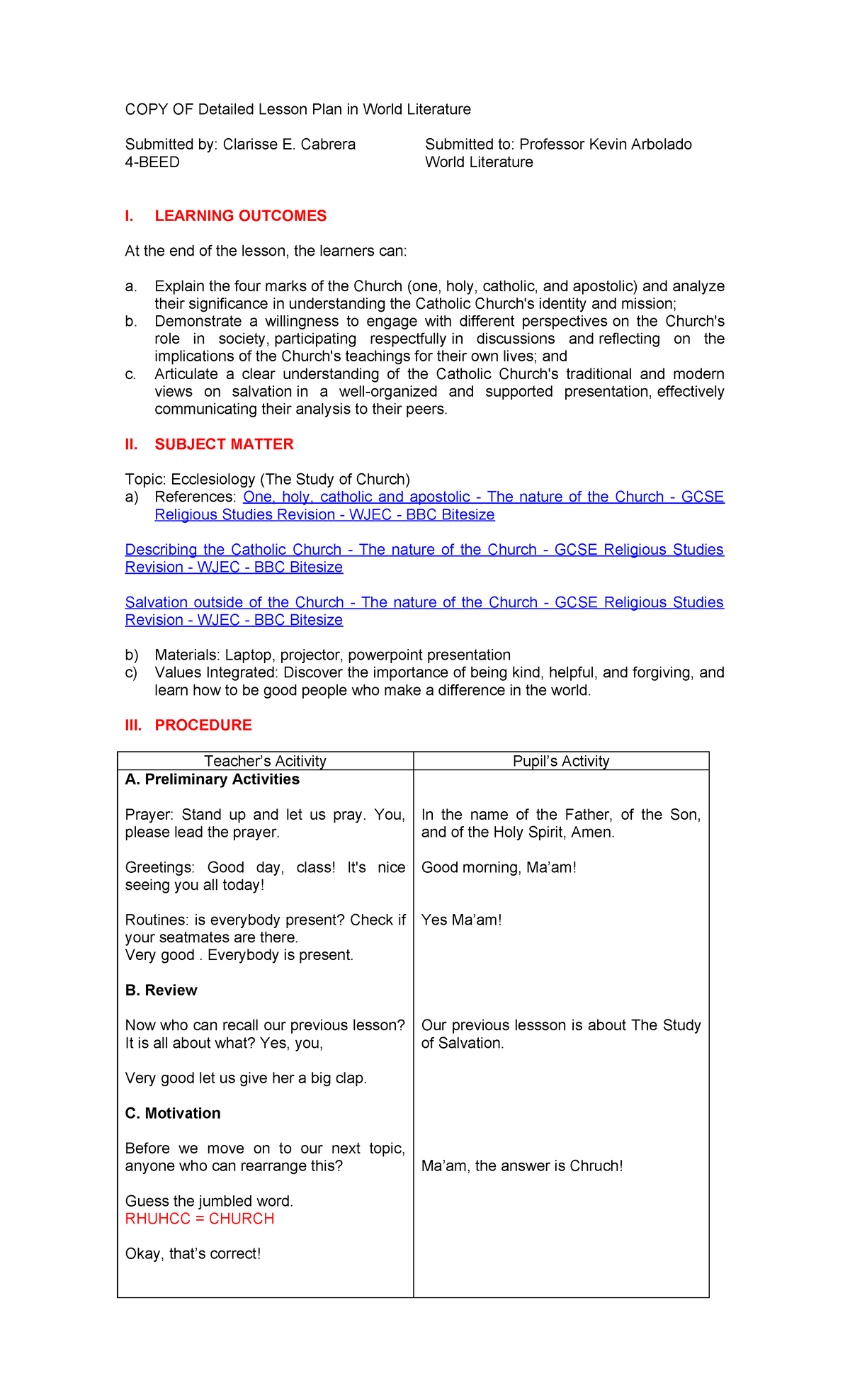Lesson Exemplar in World Literature - COPY OF Detailed Lesson Plan in ...