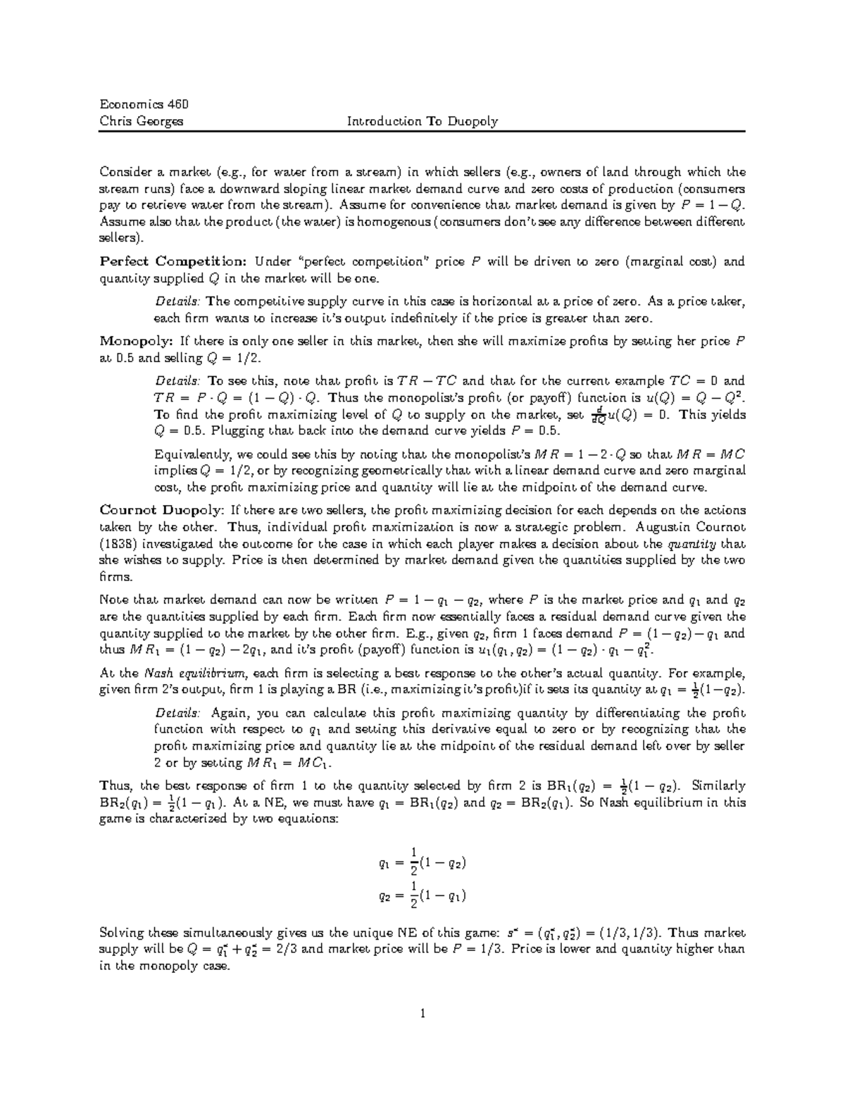 Duopoly - Notes - Economics 460 Chris Georges Introduction To Duopoly ...