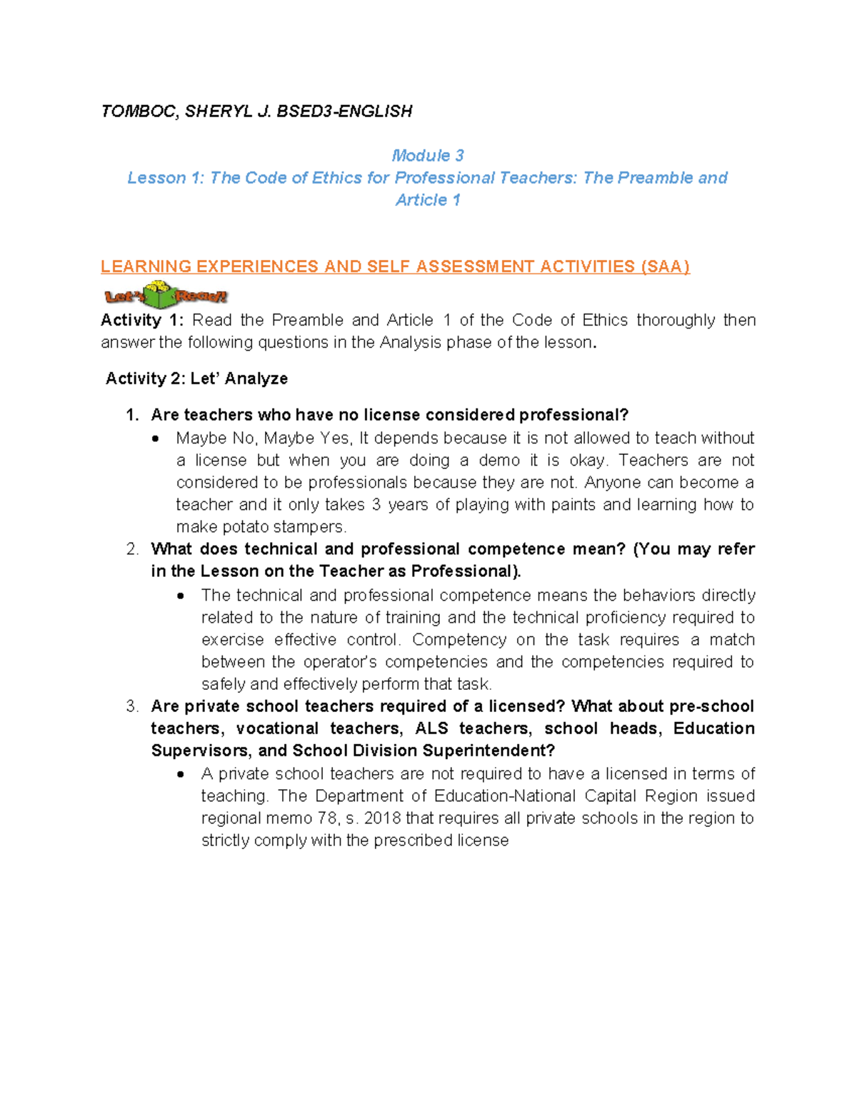 Module-3: Answers to Professional Ethics & Teacher Responsibilities ...