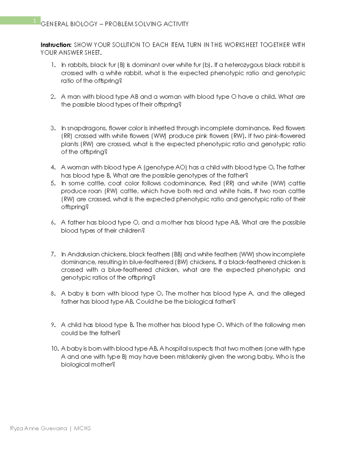 General Biology 2 - Problem Solving Activity Genetics - GENERAL BIOLOGY ...
