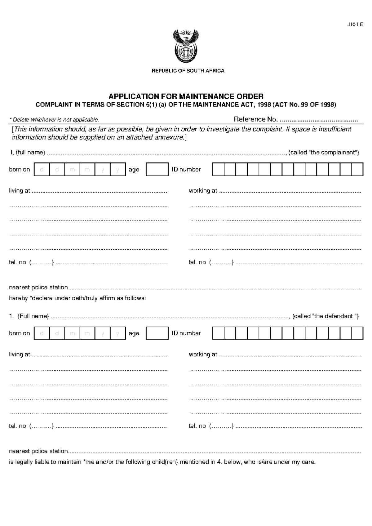 MNT Form A Application for Maintenance Order in SA - Studocu