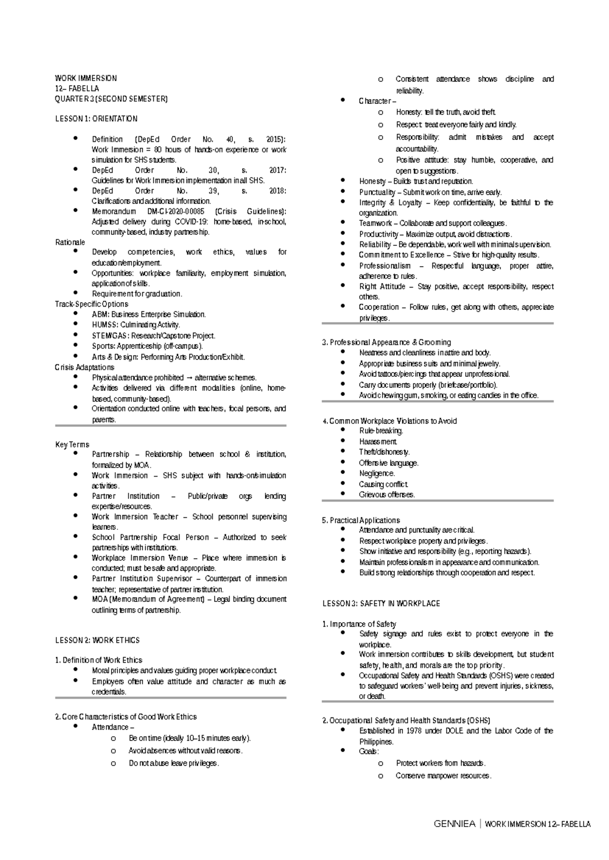 WORK IMMERSION FABELLA Q3: ORIENTATION & WORK ETHICS LESSONS - Studocu