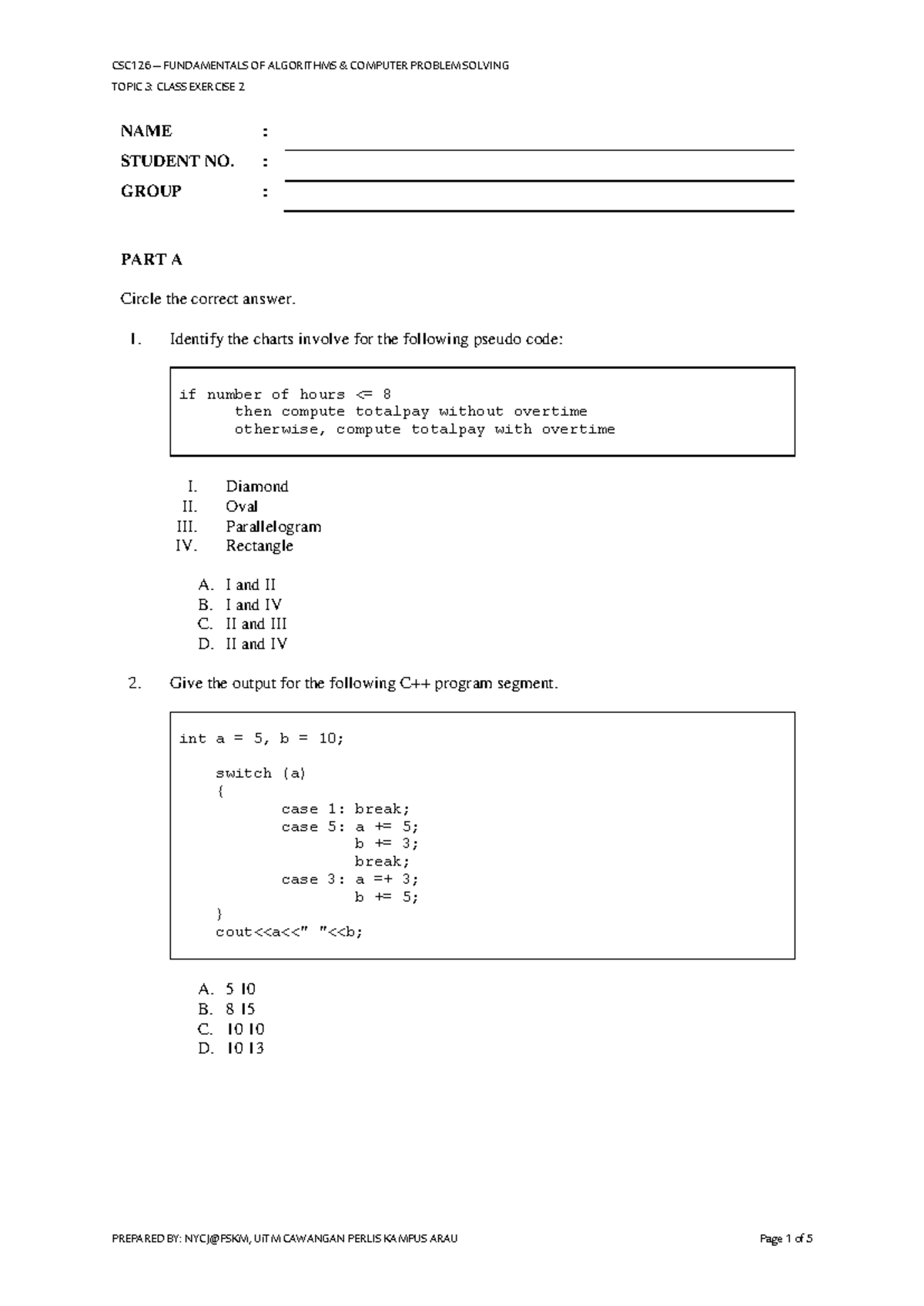 CSC126 Topic 3 Class Exercise 2: Algorithms & Problem Solving - Studocu