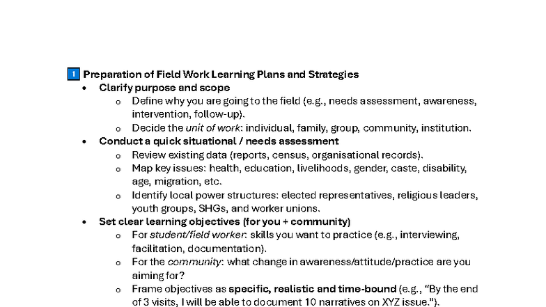 Unit-2 Notes on Field Work Learning Plans and Strategies (WWP) - Studocu
