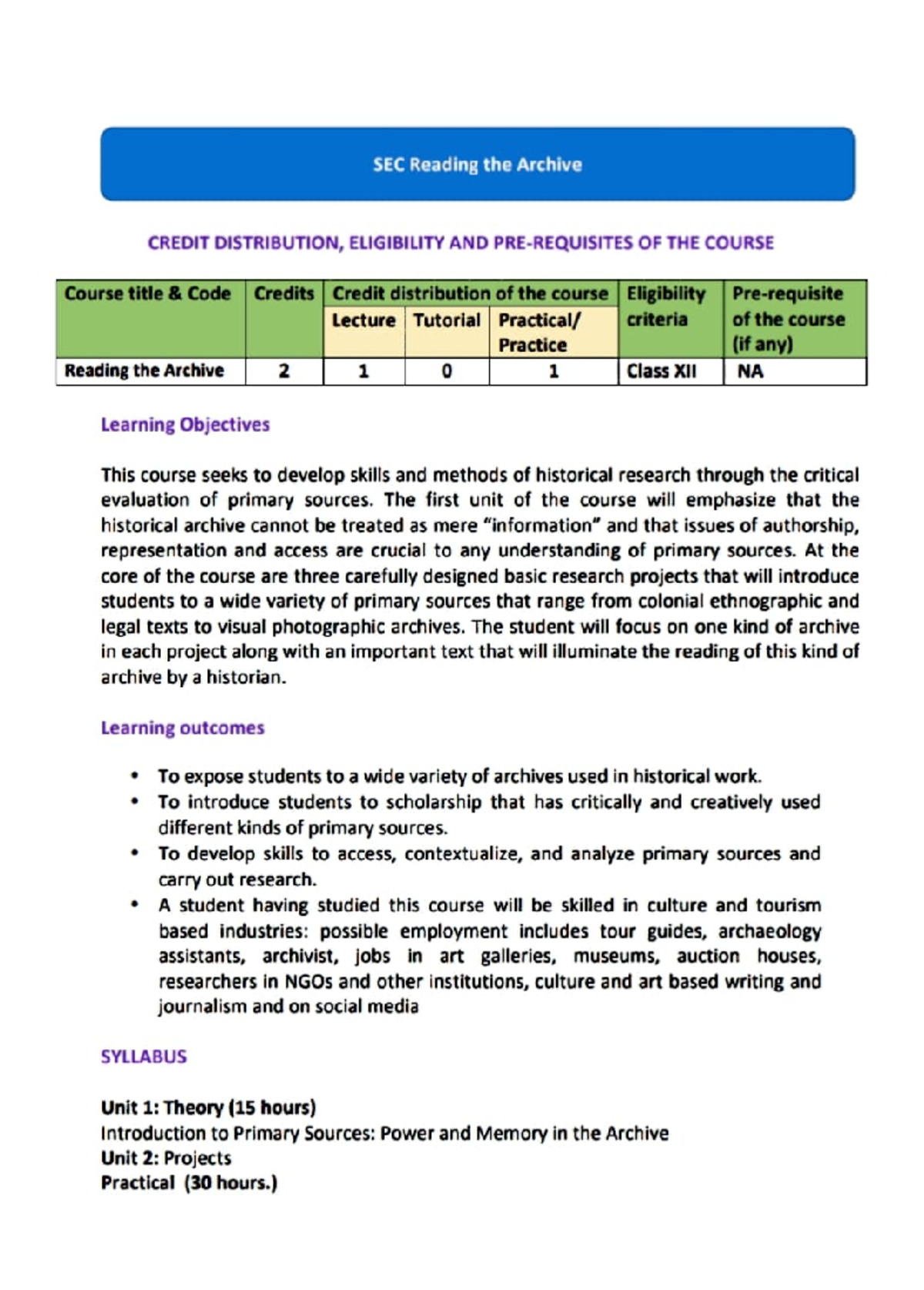 SEC Reading the Archive: Course Structure and Learning Objectives - Studocu