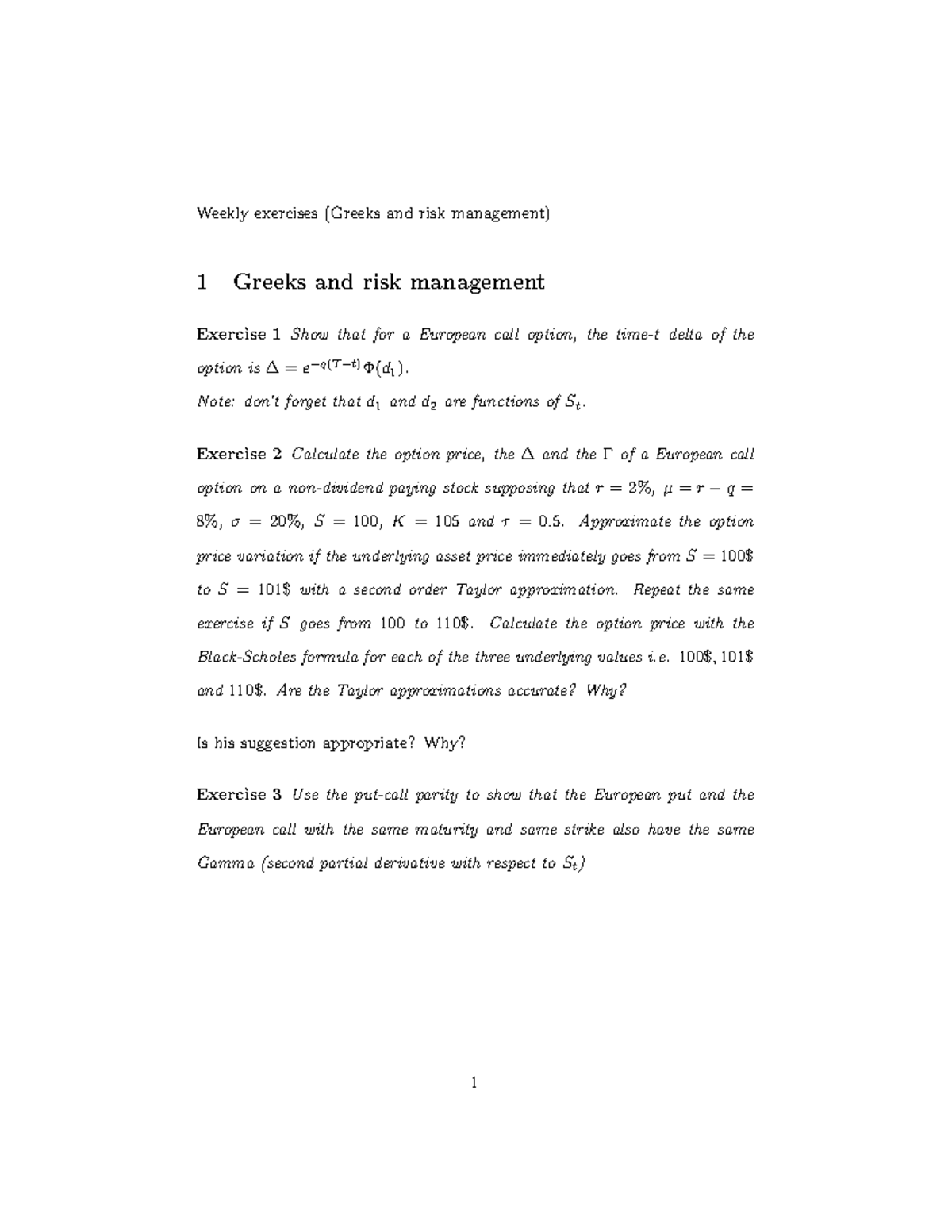 Week 9 Exercises & Solutions: Greeks and Risk Management Analysis - Studocu