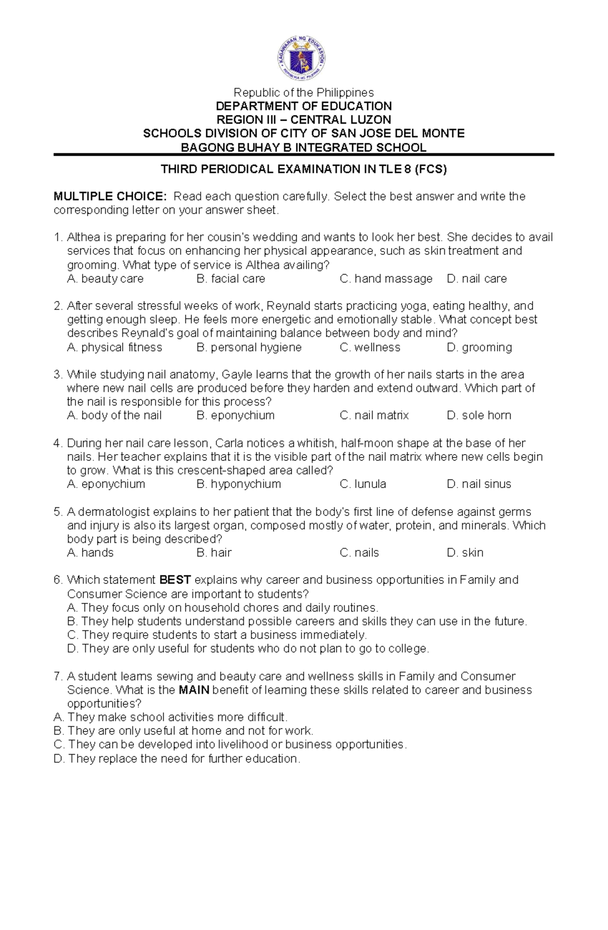 3rd Quarter TLE 8 (FCS) Periodical Exam Review - Studocu