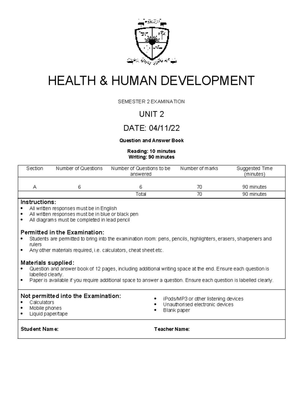 HEALTH HUMAN DEVELOPMENT UNIT 2 SEMESTER 2 EXAMINATION 2022 - Studocu