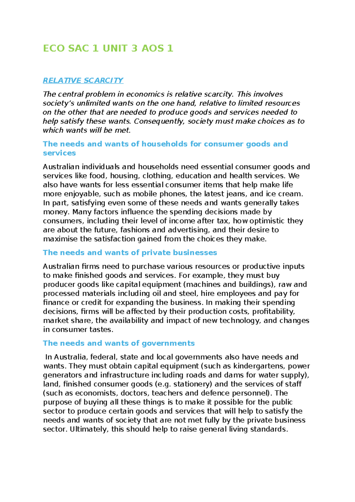 ECO SAC 1 UNIT 3 AOS 1 - Understanding Relative Scarcity and Resource ...