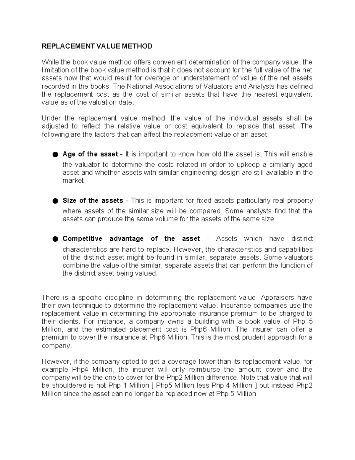 Replacement Value Method Analysis - Comprehensive Overview - Studocu