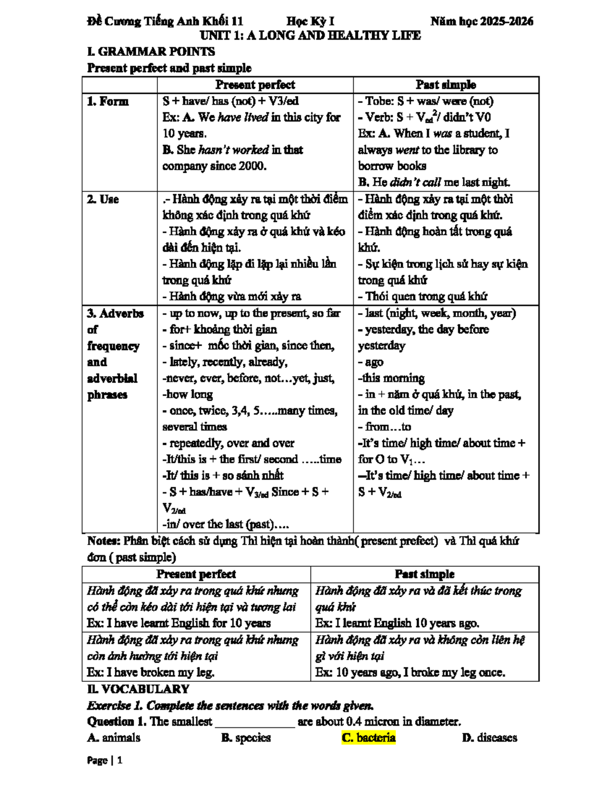 KEY UNIT 1 - ĐC: A Long and Healthy Life Grammar and Vocabulary Guide ...