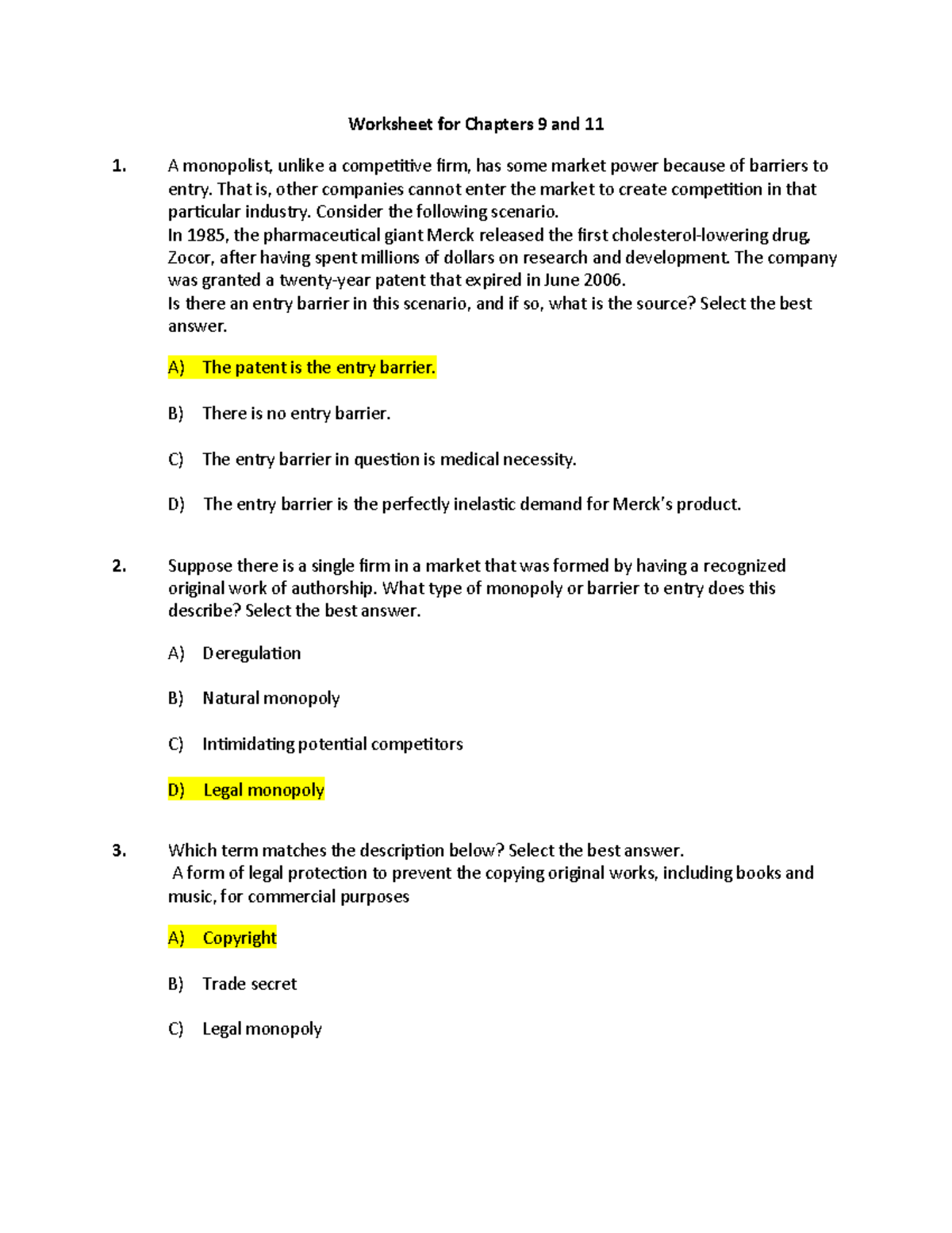 Worksheet for Chapters 9, 10, 11: Monopoly and Market Power Concepts ...