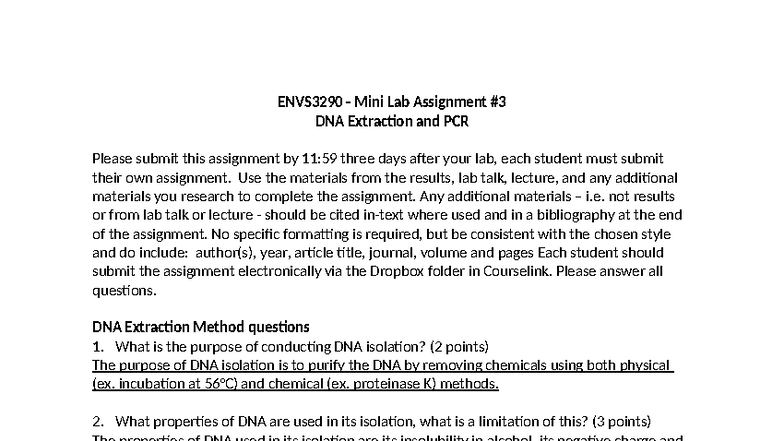 ENVS3290 Mini Lab Assignment 3: DNA Extraction & PCR Analysis - Studocu