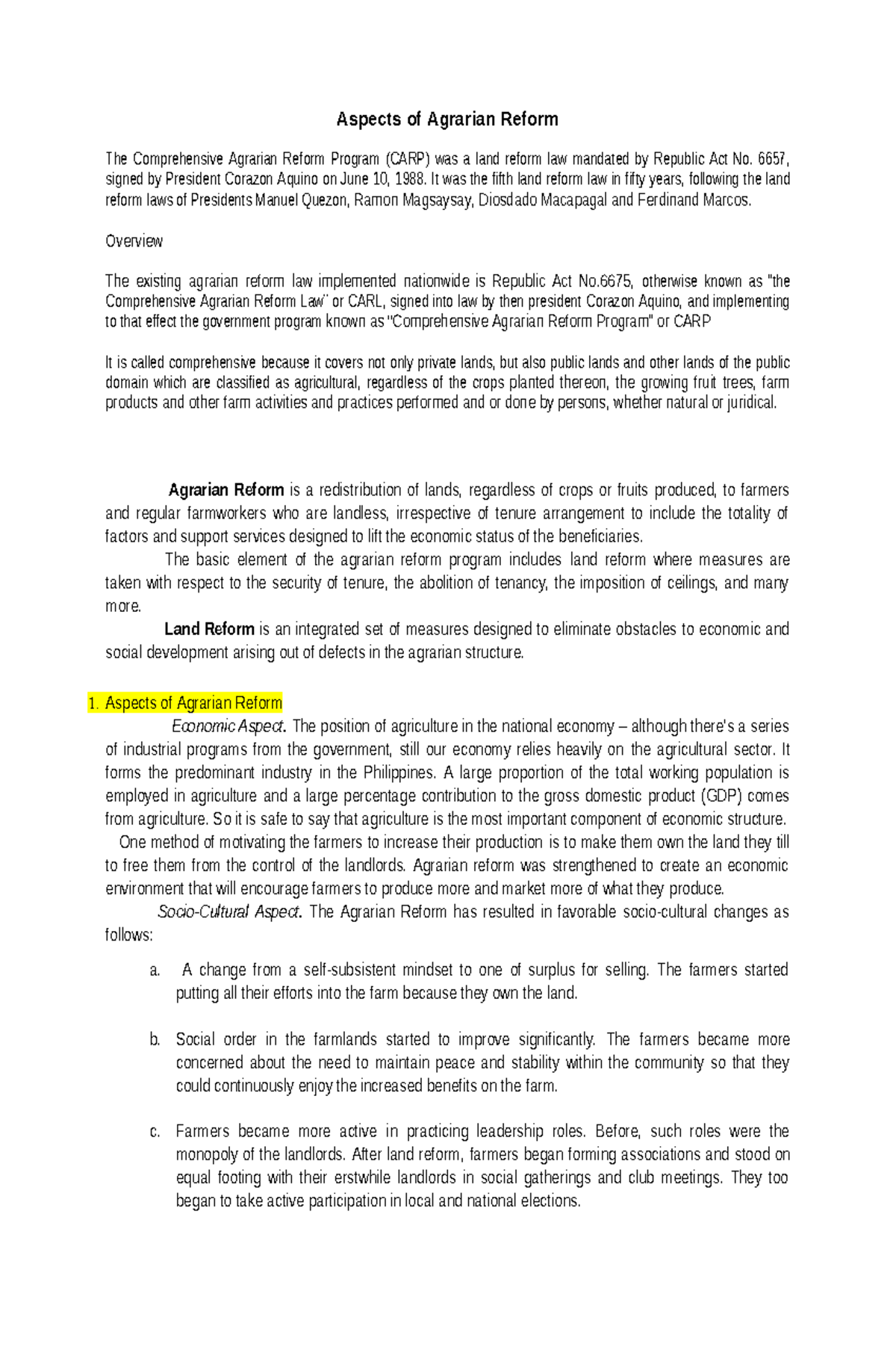 AGR 101: Comprehensive Overview of Agrarian Reform History - Studocu