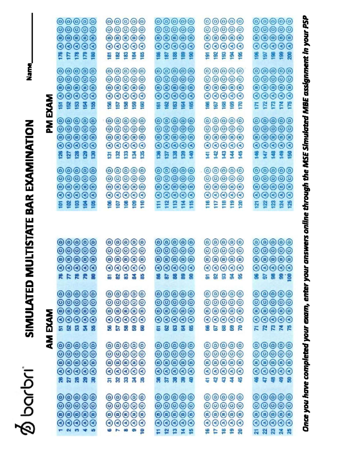 Simulated MBE Practice Exam - Scantron Sheet Instructions - Studocu