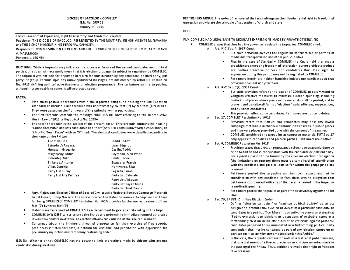 Diocese of Bacolod v Comelec: Freedom of Expression & Election ...