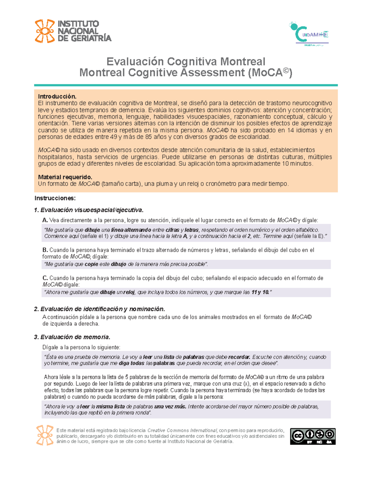 Instrucciones para el Test de Evaluación Cognitiva Montreal (MoCA ...
