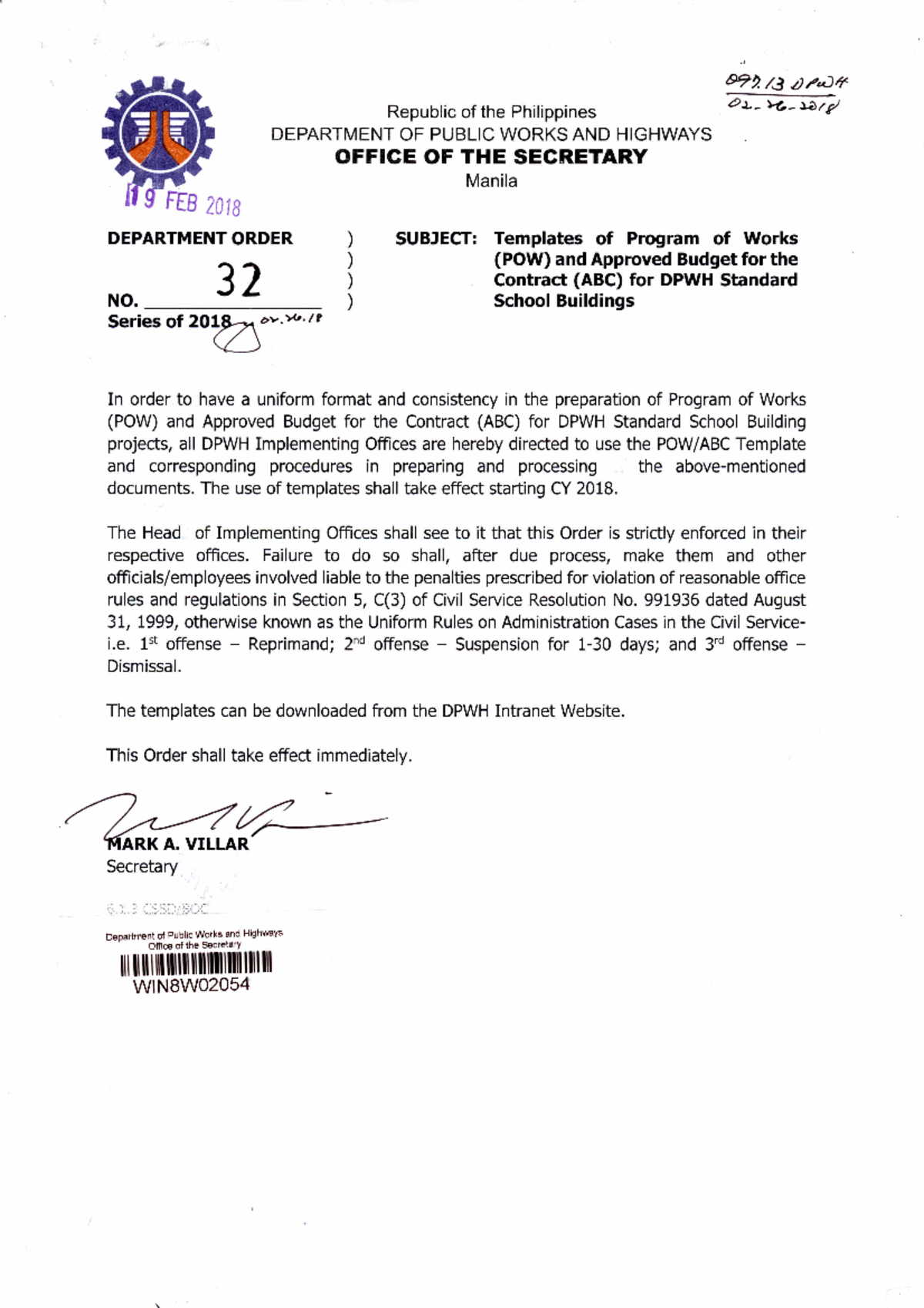 DPWH DO 032 s2018: POW and ABC Template for School Building Projects ...