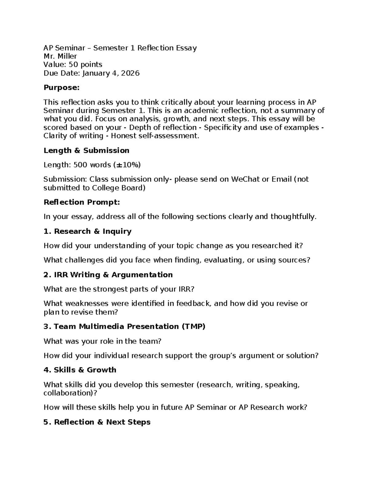 AP Seminar (APSE) Semester 1 Reflection Essay - Studocu