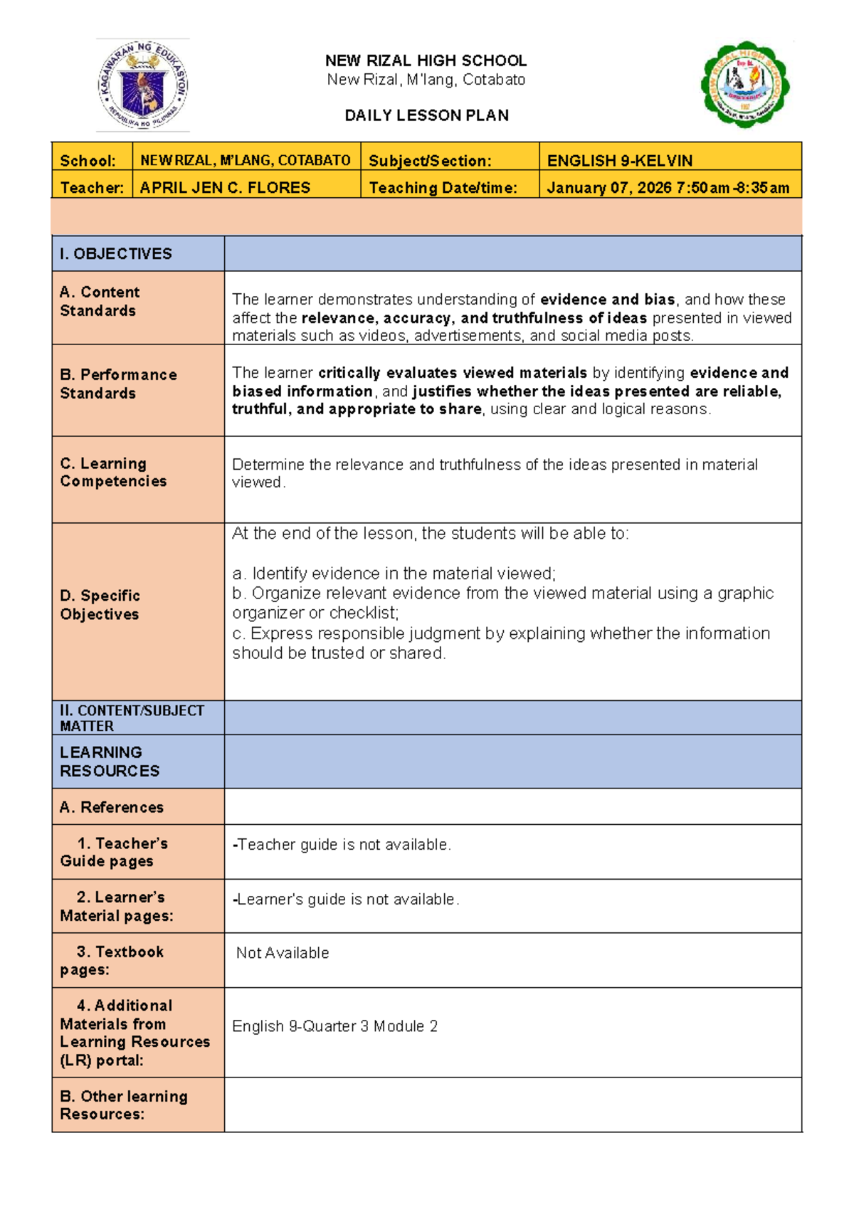 ENGLISH 3 Daily Lesson Plan: Evidence & Bias Analysis - Studocu