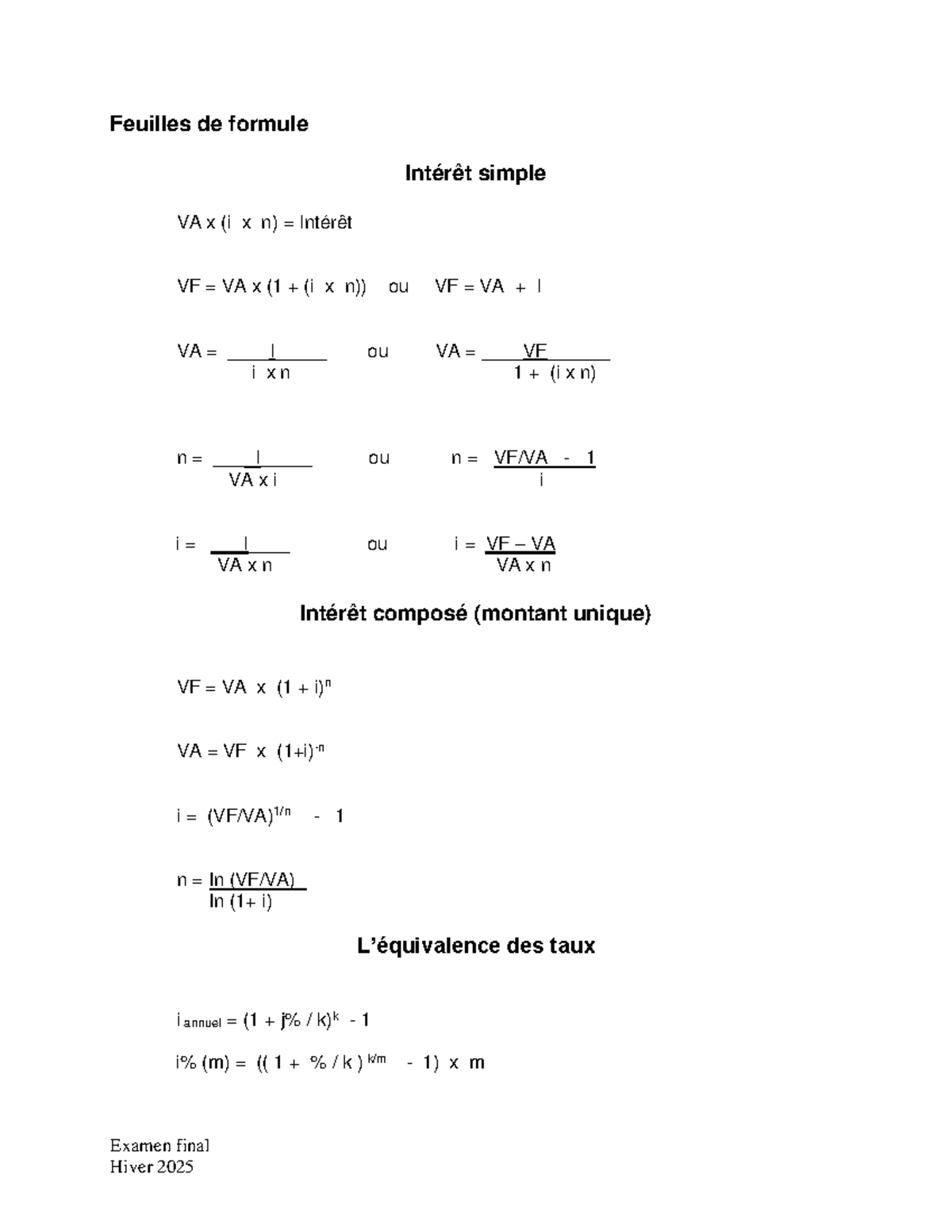 Feuilles de formule - Notes de LECTURE pour Examen Final Hiver 2025 ...