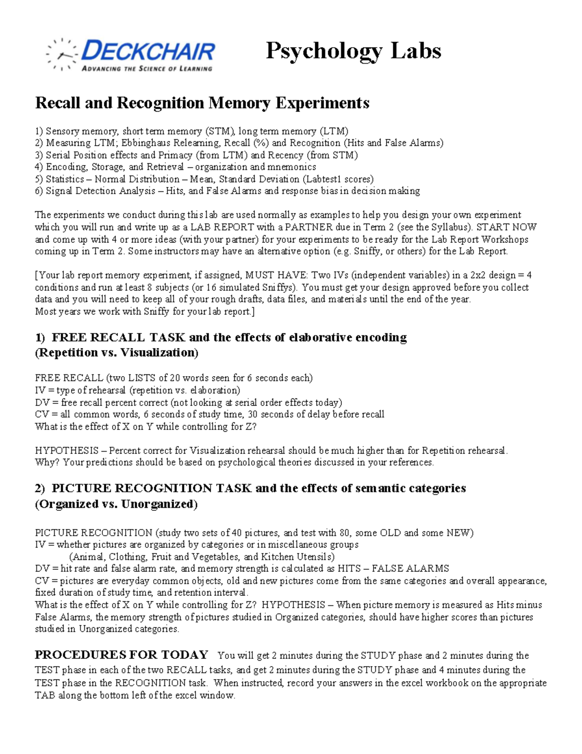 Psychology 101: Recall and Recognition Memory Lab Report Guidelines ...