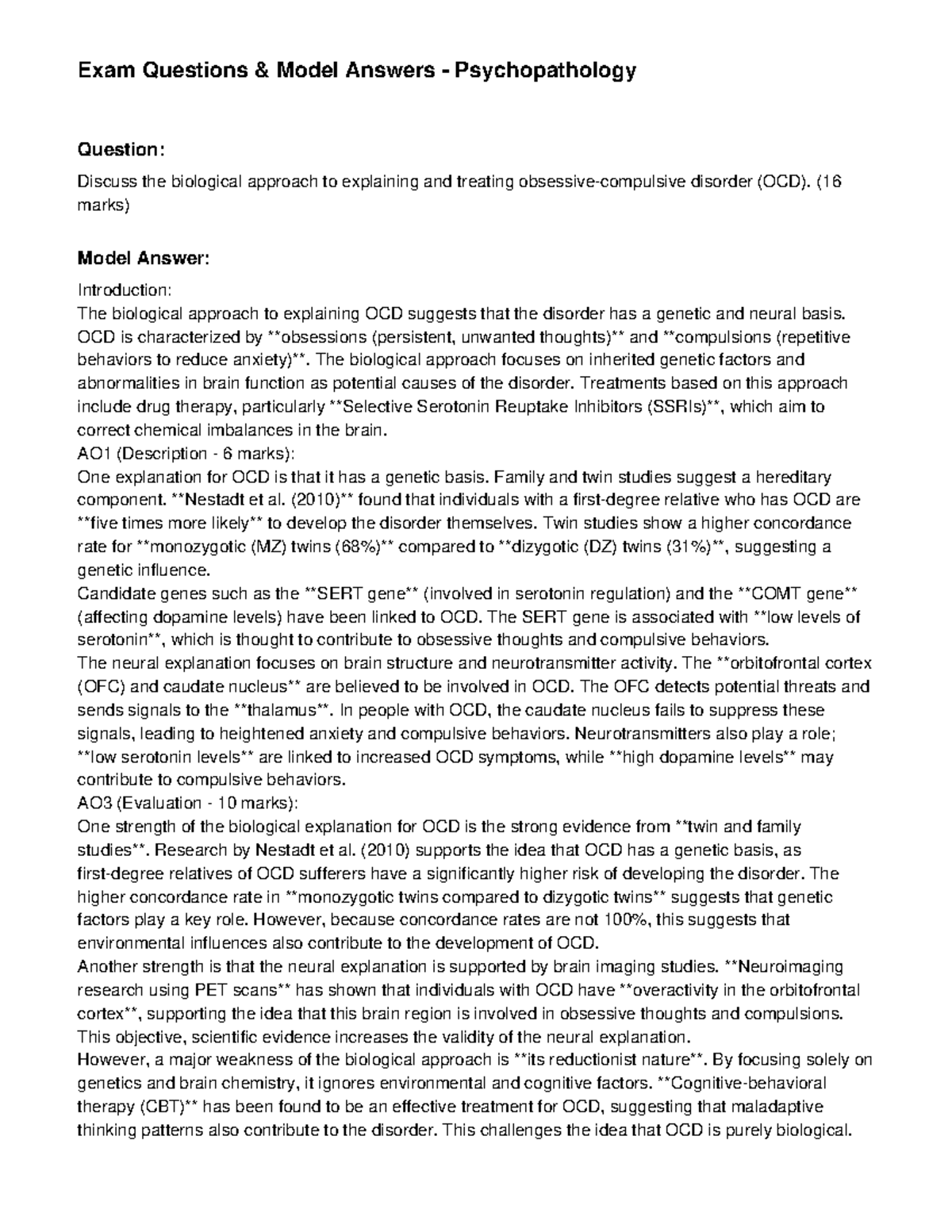 AQA A Level Psychology Psychopathology Exam Model Answers - Studocu