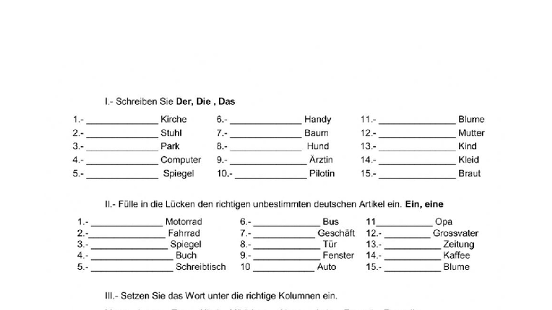 Deutsch Artikel Übung: Der, Die, Das - Worksheet 1127819 - Studocu