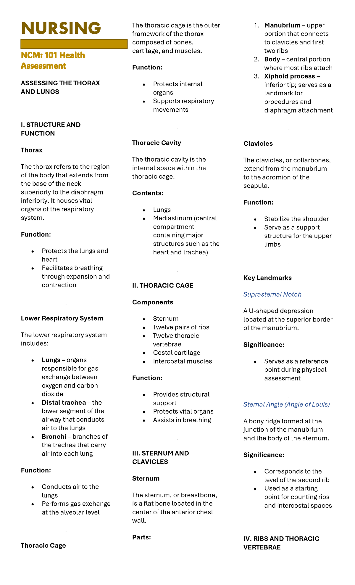 NURSING NCM: 101 Health Assessment Final Exam Notes on Thorax and Lungs ...
