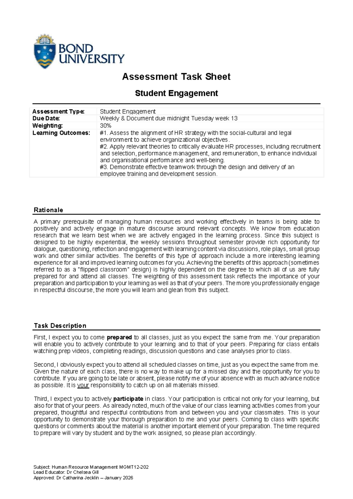 HRM 101: Student Engagement Assessment Task Sheet & Rubric - Studocu