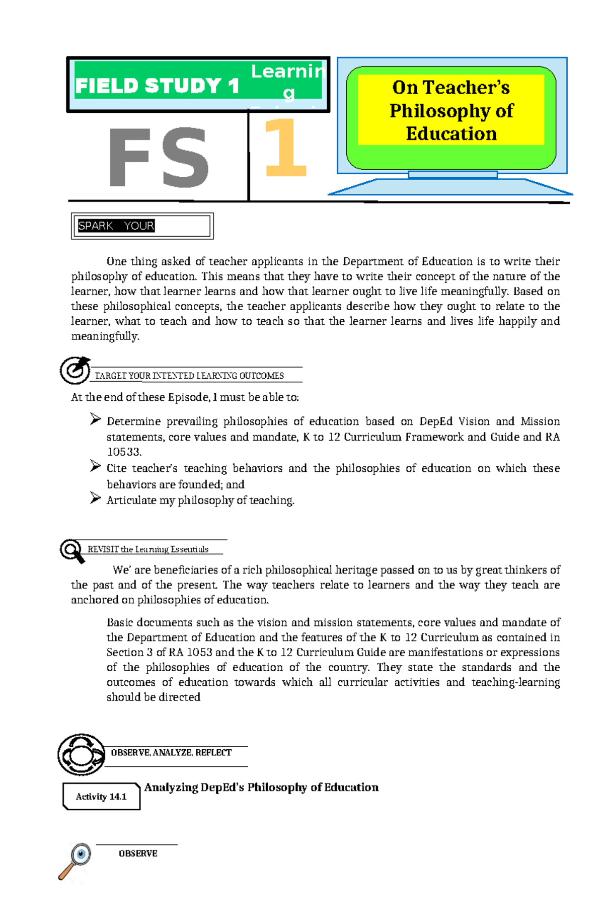 Episode 14 FS1 Philo - Field study 1 - One thing asked of teacher applicants in the Department ...