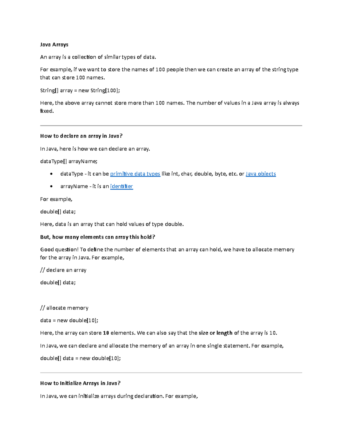 Java Arrays: Declaration, Initialization, and Element Access Techniques - Studocu