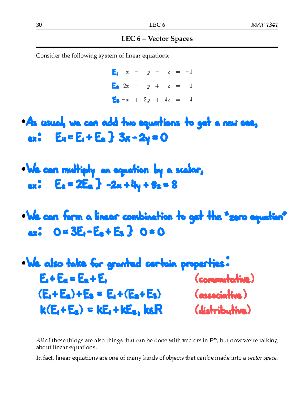 MAT 1341 LEC 6 Vector Spaces and Linear Equations Overview - Studocu