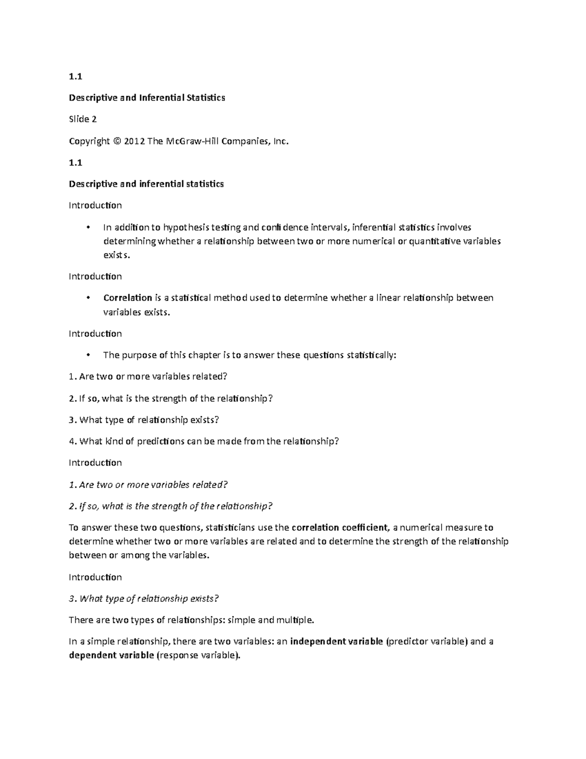 Ch. 10 Correlation and Regression - 1. Descriptive and Inferential Statistics Slide 2 Copyright ...