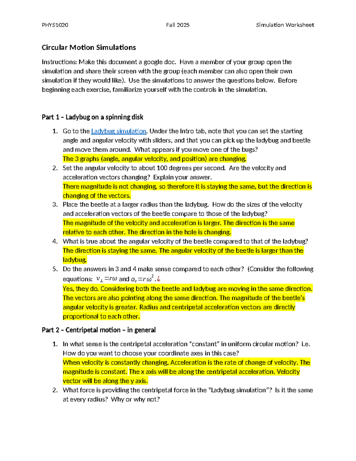 PHYS1020 Fall 2025 Circular Motion Simulation Worksheet - Studocu