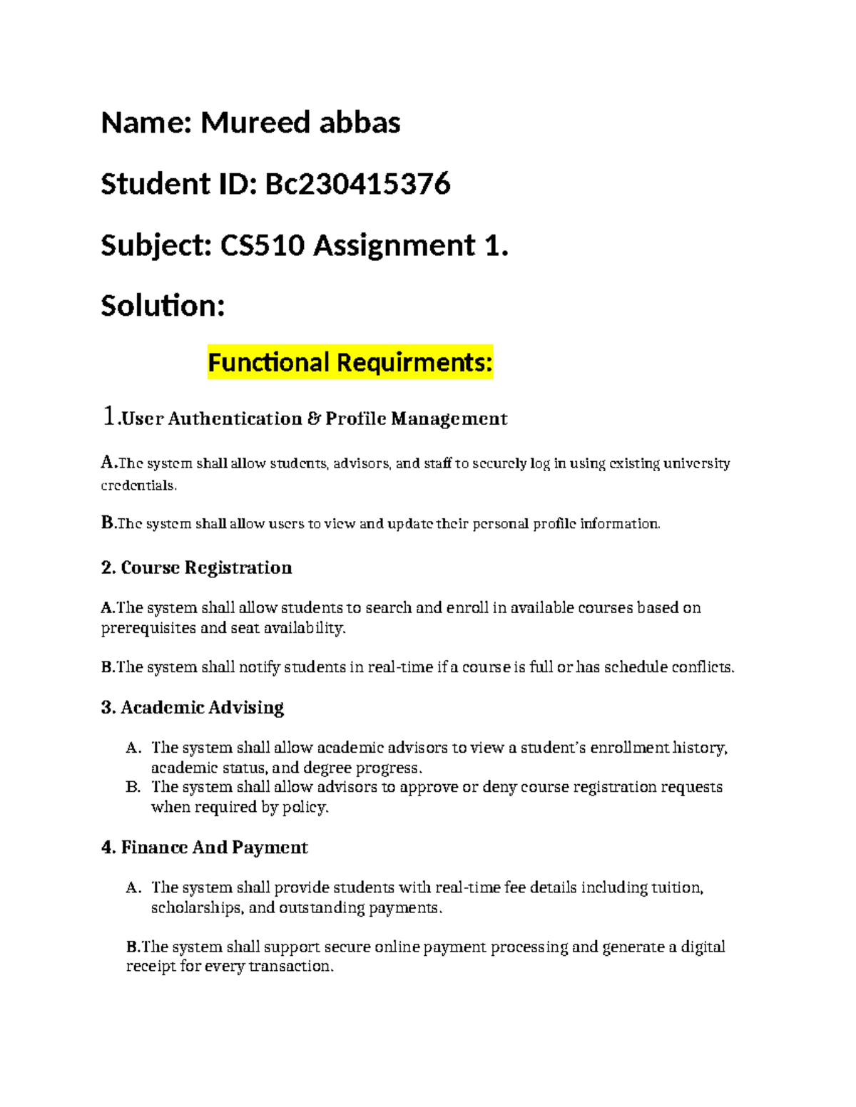 CS510 Assignment 1: Functional Requirements and System Specifications ...