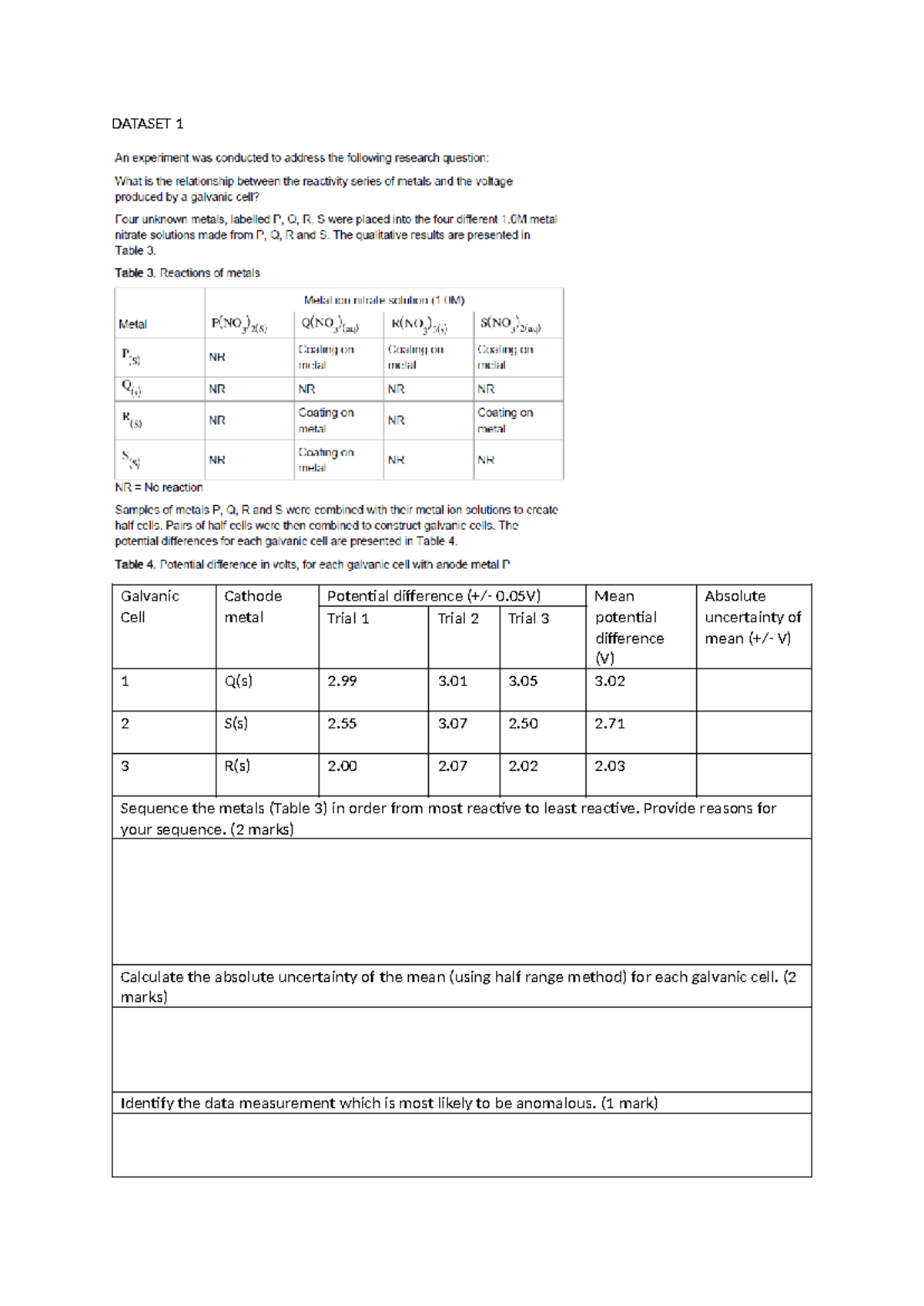 Practice-electrochem - DATASET 1 Galvanic Cell Cathode metal Potential ...