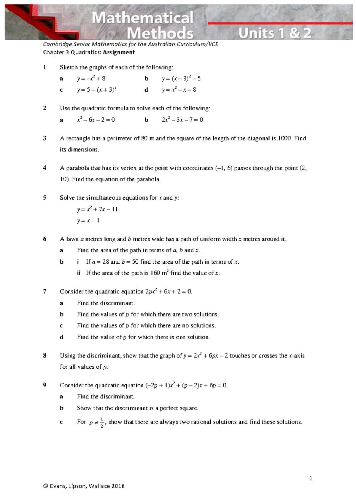Cambridge VCE Math 3 Chapter 3 Quadratics Assignment Revision - Studocu