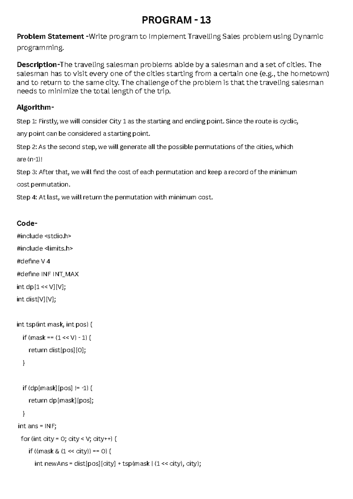 TRAVELING SALESMAN PROBLEM (Dynamic Programming Implementation) - Studocu