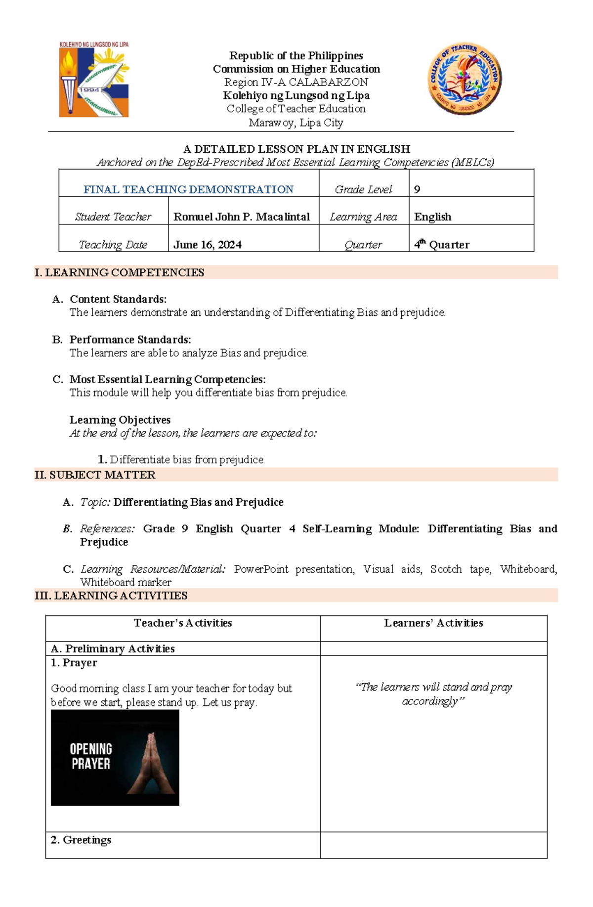 Grade 9 English Lesson Plan: Differentiating Bias and Prejudice (Final ...
