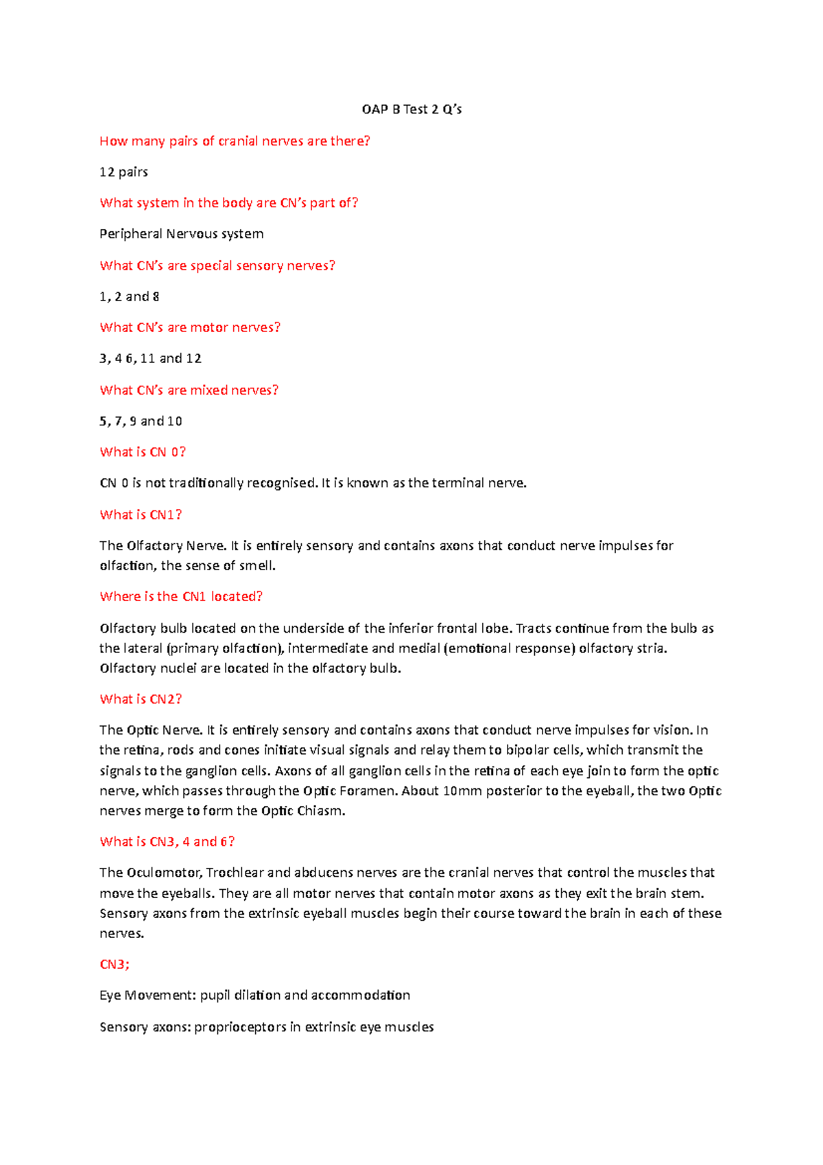 Ophthalmic Anatomy and Physiology B - Class test 2 Revision Questions ...