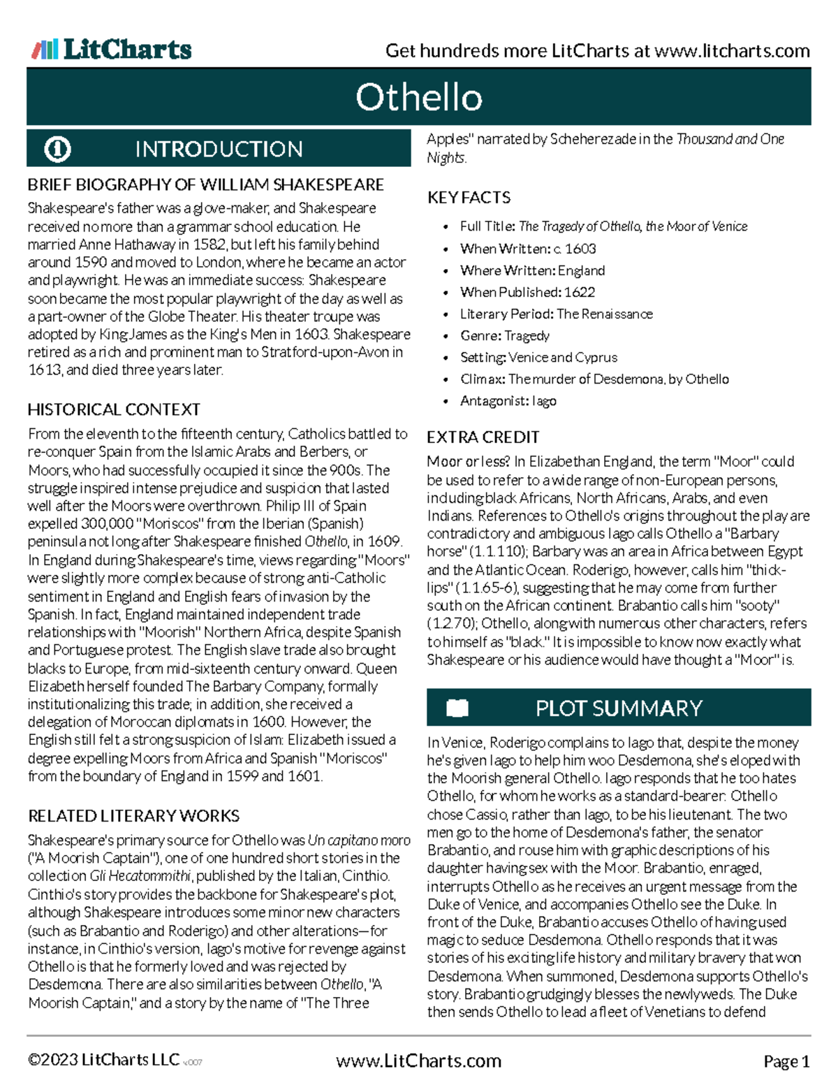 Othello-Lit Chart - Othello BRIEF BIOGRAPHY OF WILLIAM SHAKESPEARE ...