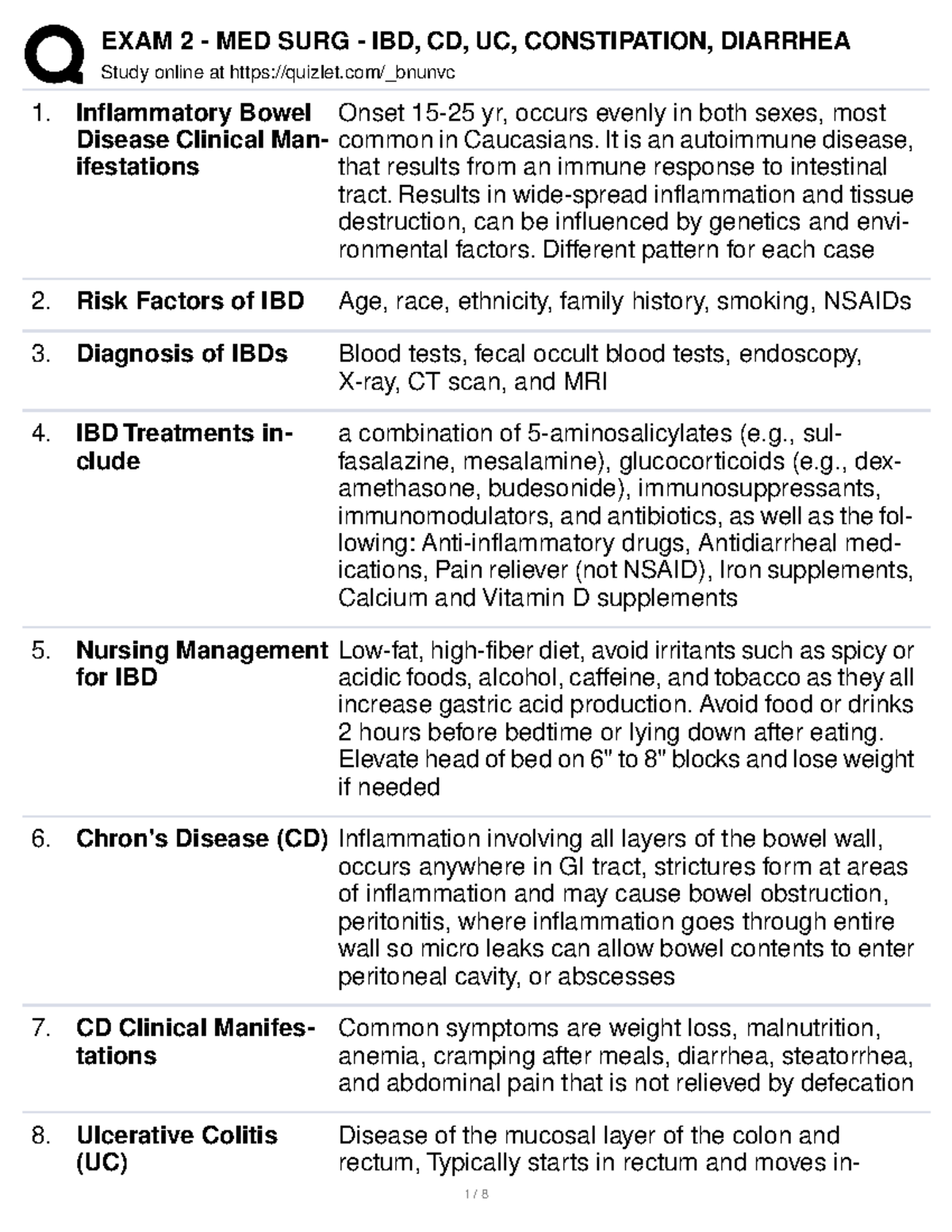 EXAM 2 - MED SURG - IBD, CD, UC, Constipation, and Diarrhea Study Guide ...