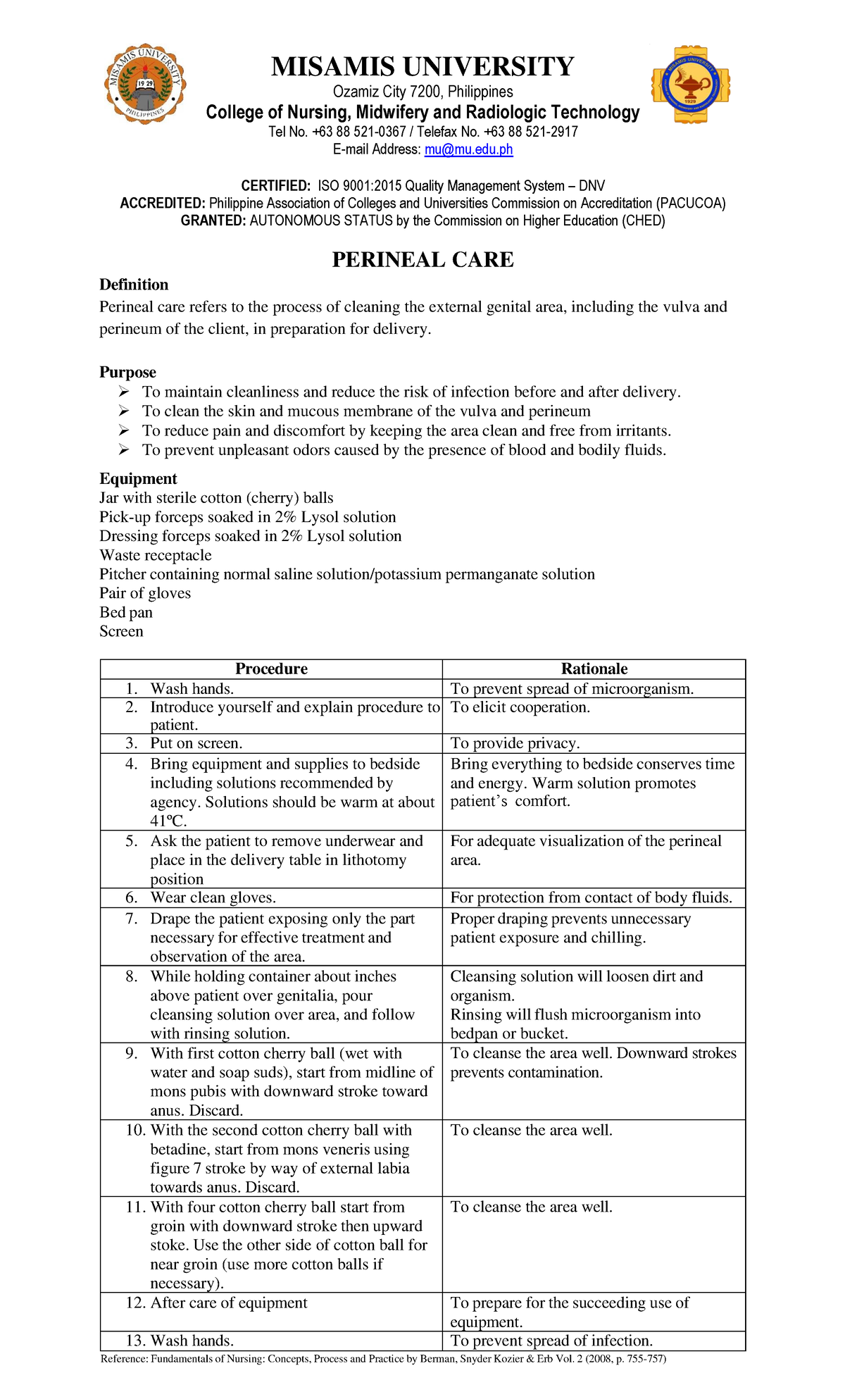 Perineal Care Procedure & Checklist for Nursing Practice (NUR 101 ...
