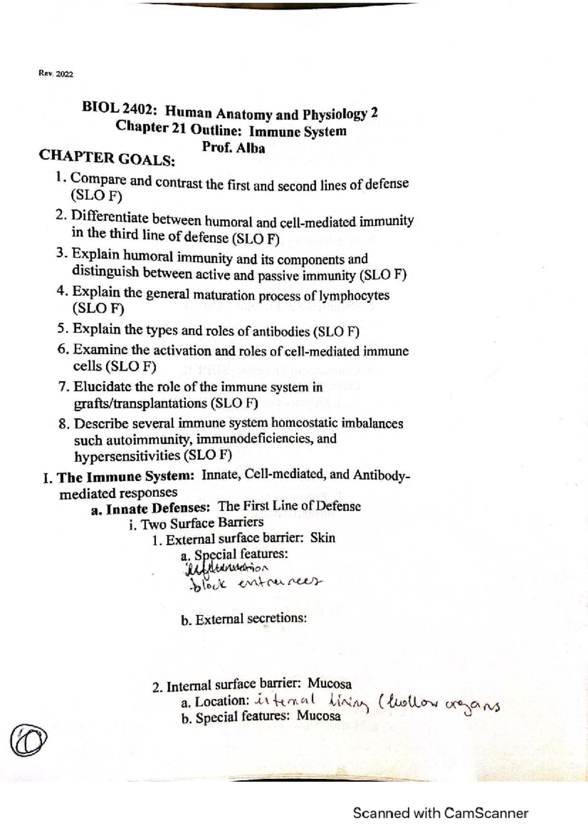 Rev. 2022 BIOL 2402: A&P 2 Chapter 21 Outline on Immune System - Studocu