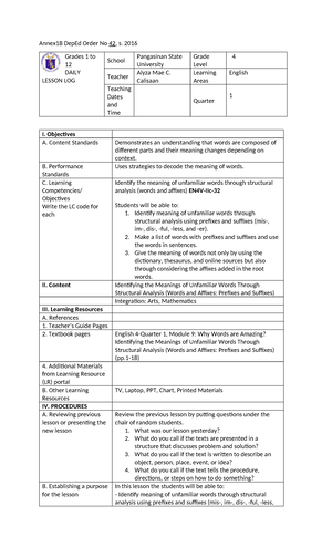 Manzano Princess lesson plan - Grades 1 to 12 DAILY LESSON LOG School ...