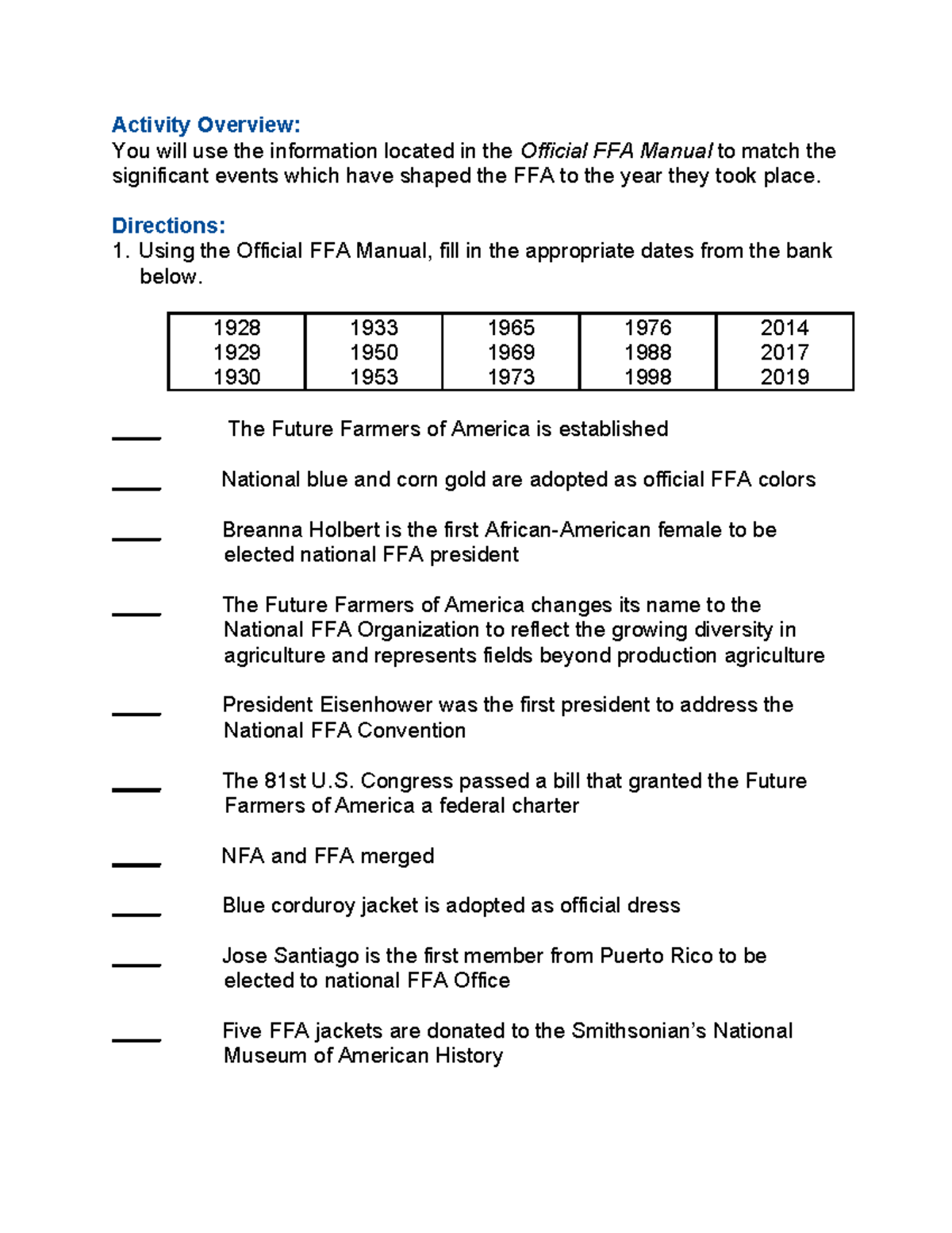FFA Timeline: Key Events and Dates in FFA History - Studocu