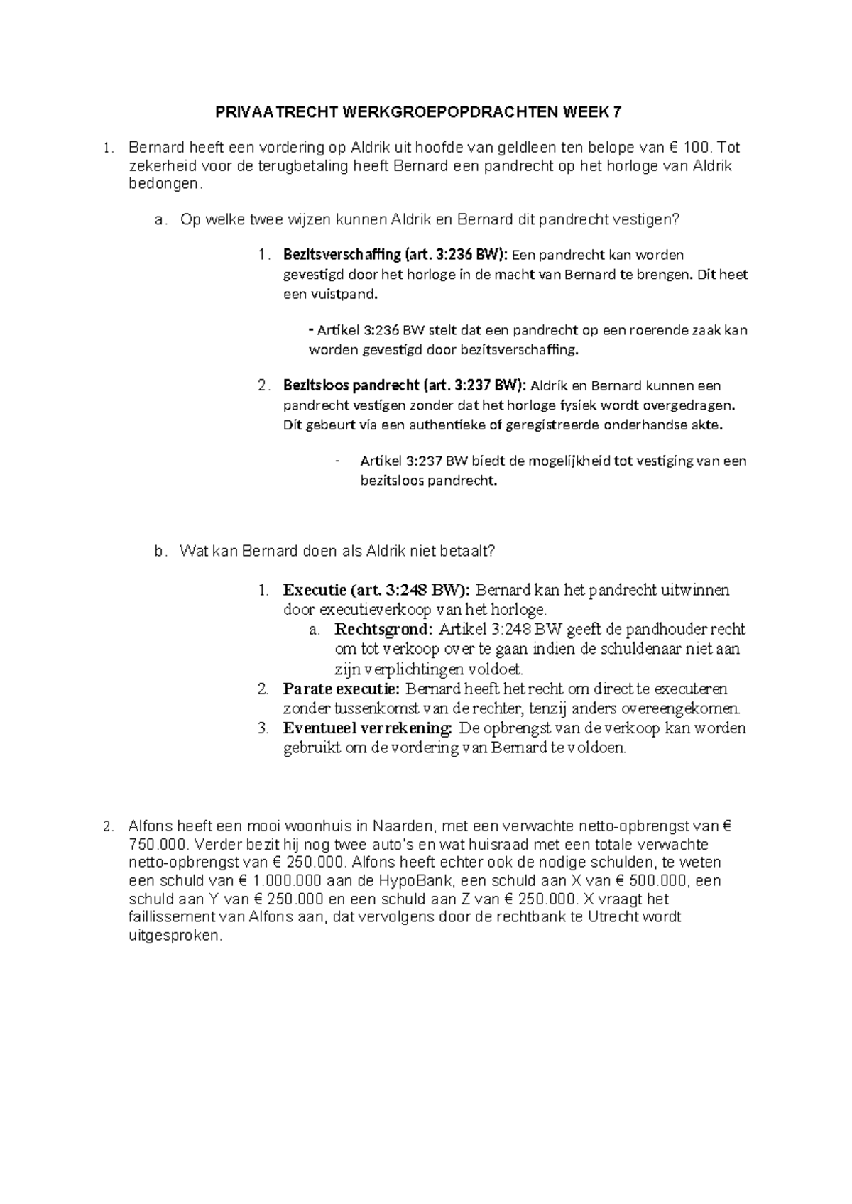 Privaatsrecht Werkgroepopdrachten Week 7: Pandrecht en Faillissement ...