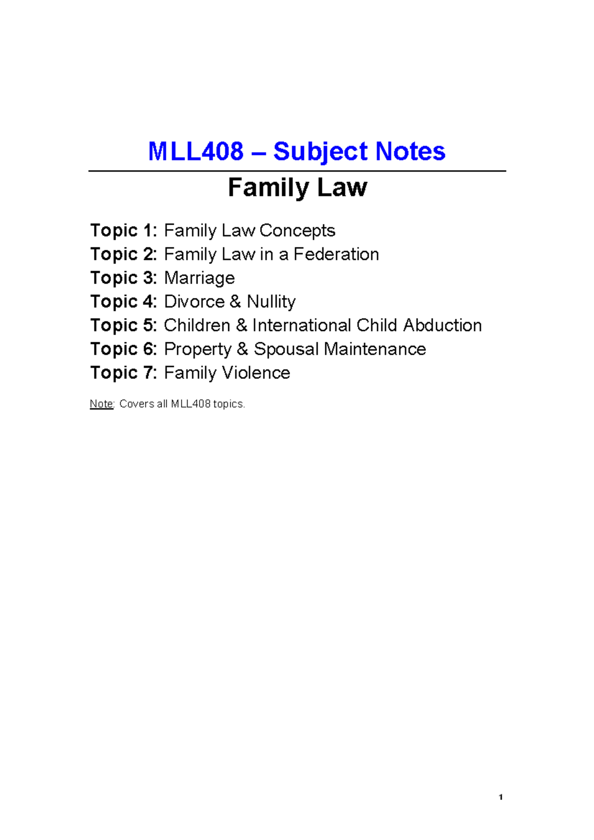 Family Law Notes - MLL408 – Subject Notes Family Law Topic 1: Family ...